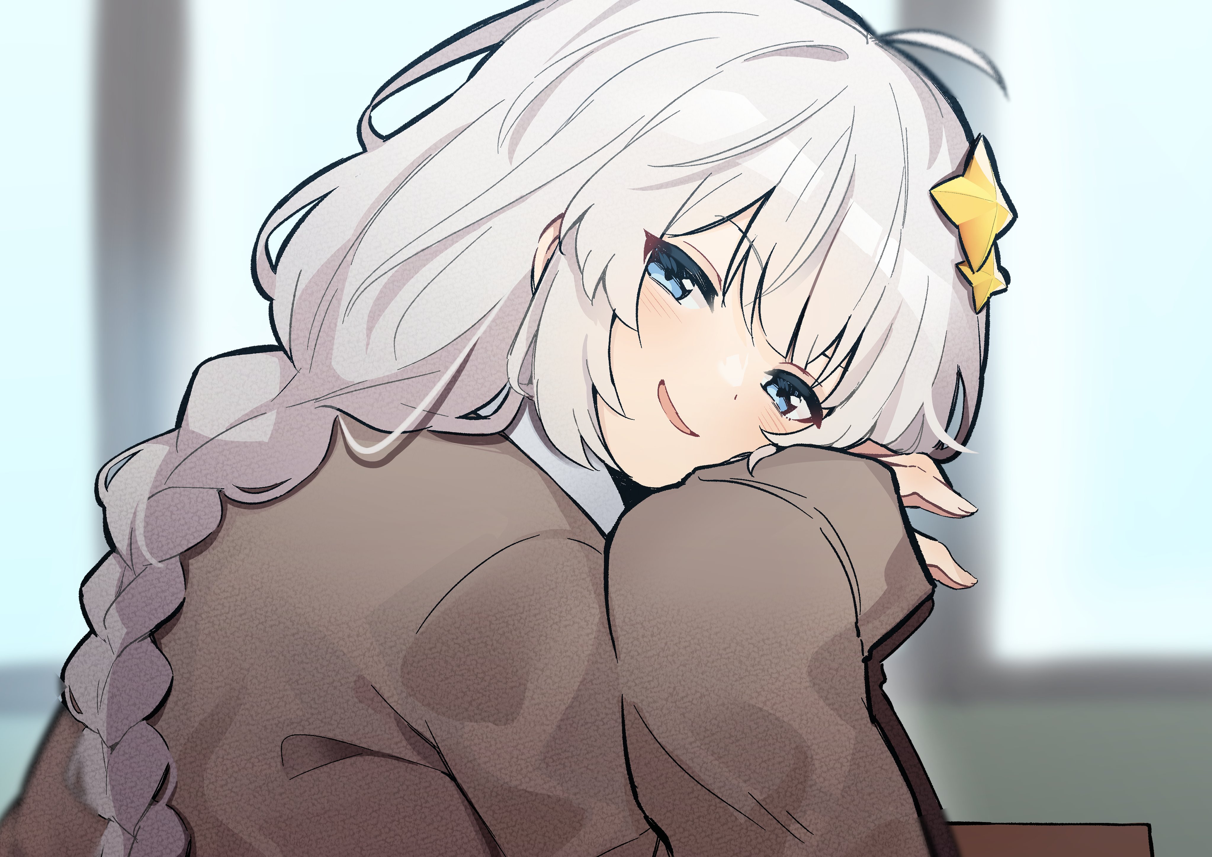 Safebooru - 1girl absurdres blue eyes blush braid brown jacket grey hair hair ornament highres ...