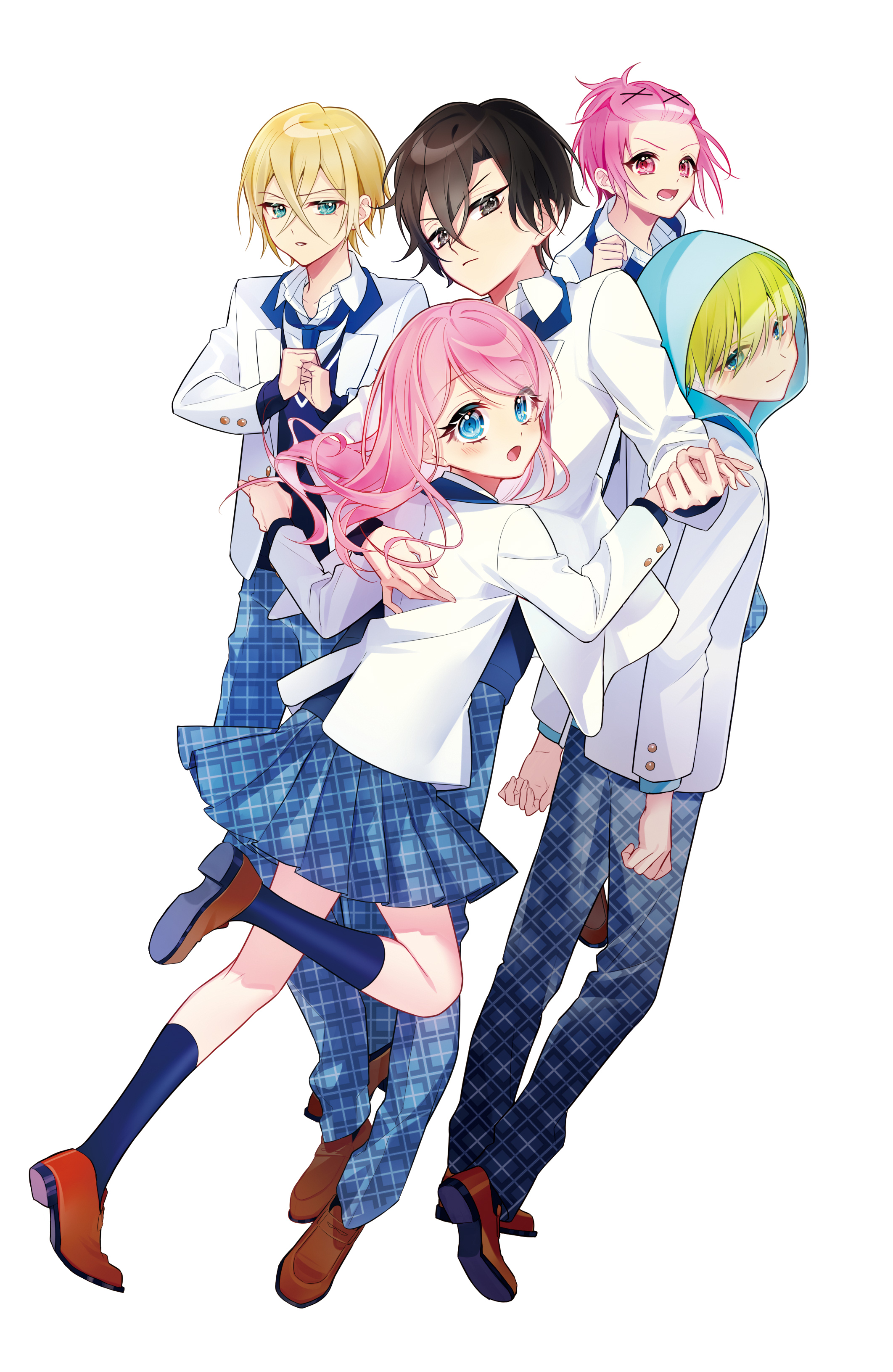 Safebooru - 1girl 4boys absurdres bangs pinned back black hair blazer blonde hair blue eyes blue ...