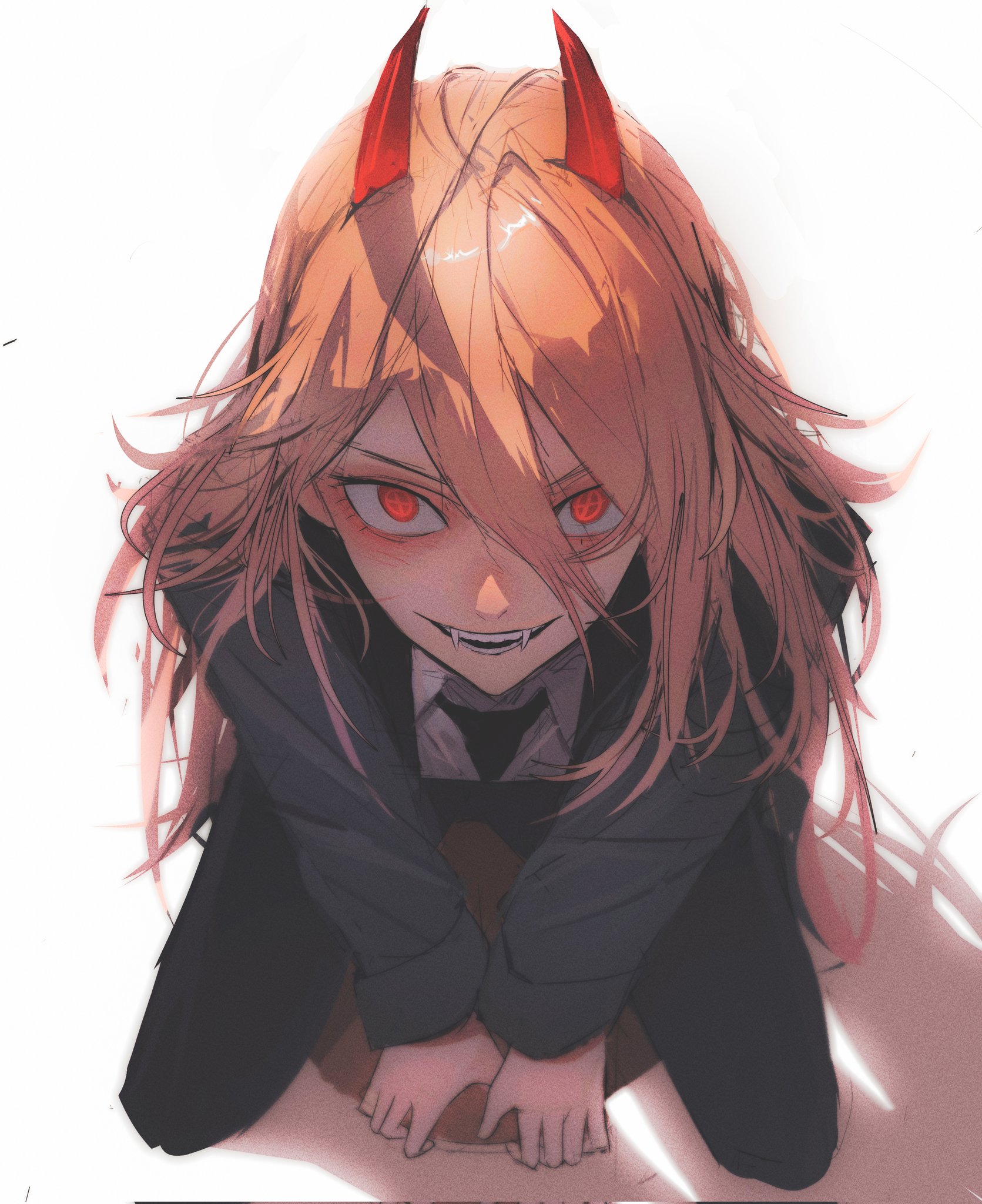 Safebooru - 1girl black jacket black necktie black pants brown hair chainsaw man collared shirt ...