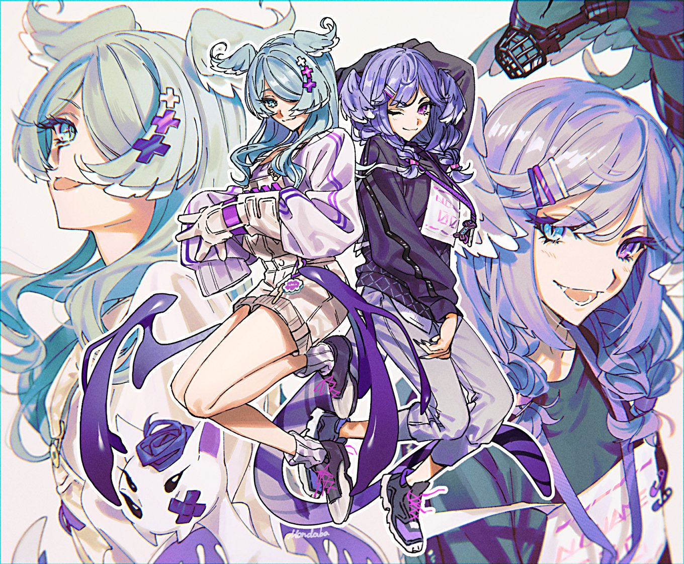 Safebooru - :p black shirt blue eyes blue hair blue wings braid ...