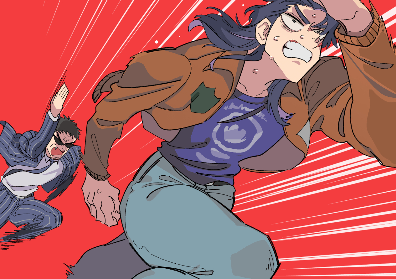 Safebooru - 2boys black eyes black hair blue pants brown jacket clenched teeth commentary ...