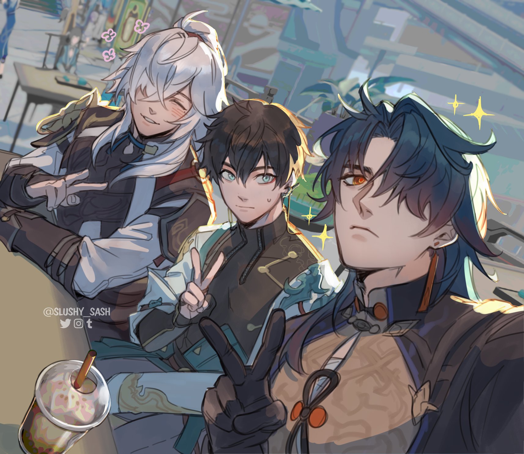 Safebooru - 3boys ^ ^ armor artist name black gloves black hair black jacket blade (honkai: star ...