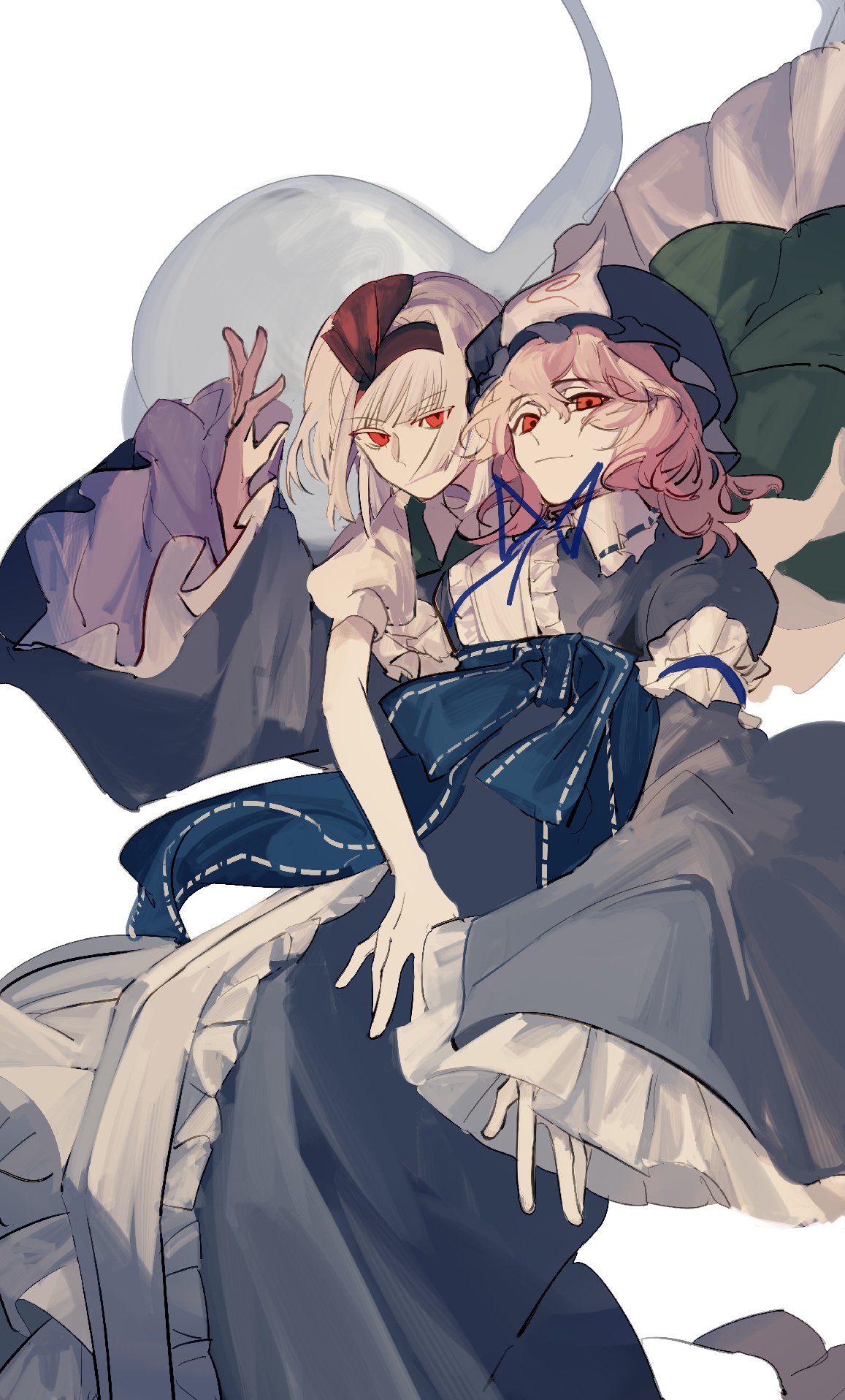 Safebooru - 2girls black hairband black ribbon blue headwear blue kimono closed mouth collared ...