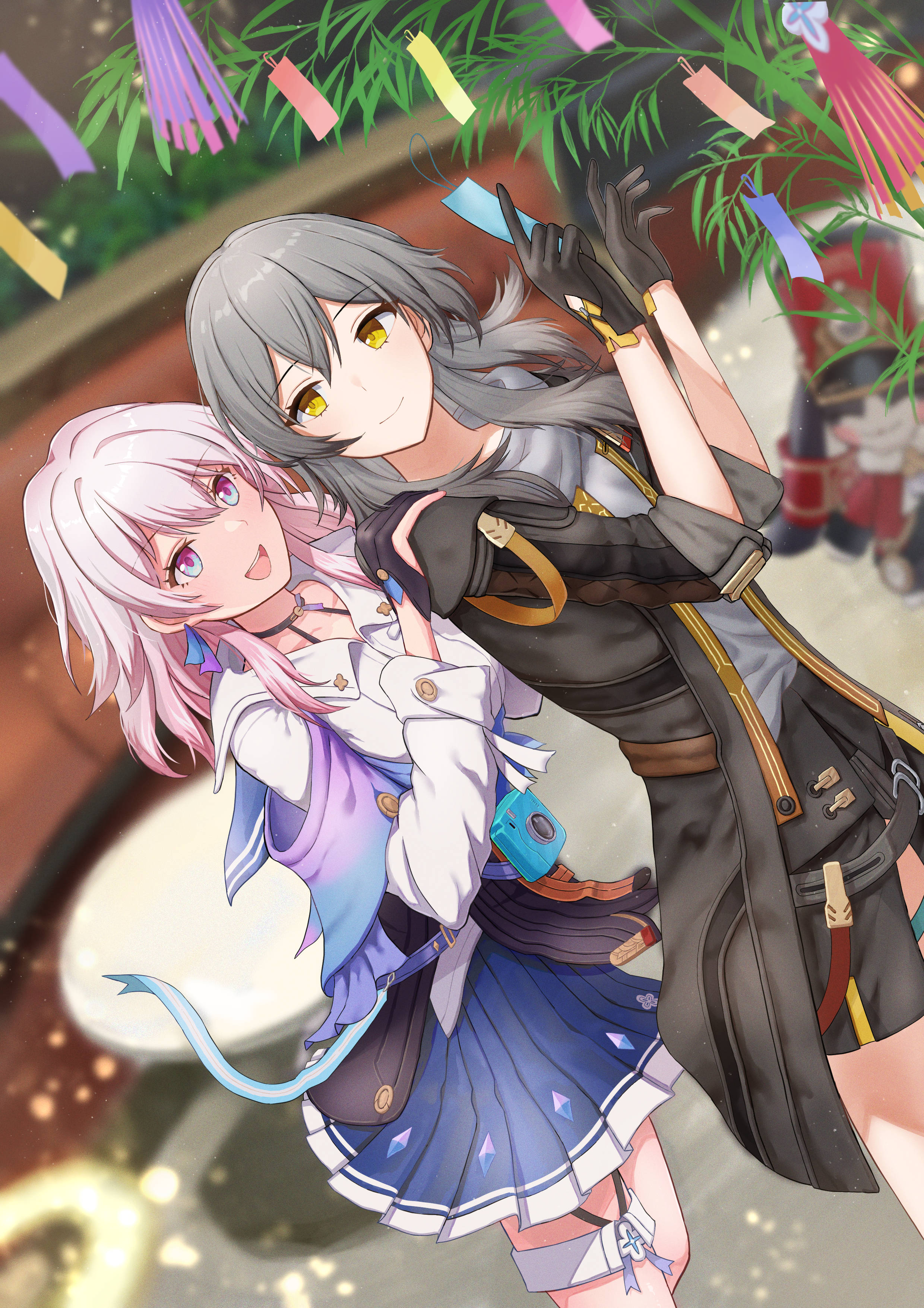 Safebooru - 1other 2girls absurdres black choker black corset black gloves black jacket black ...