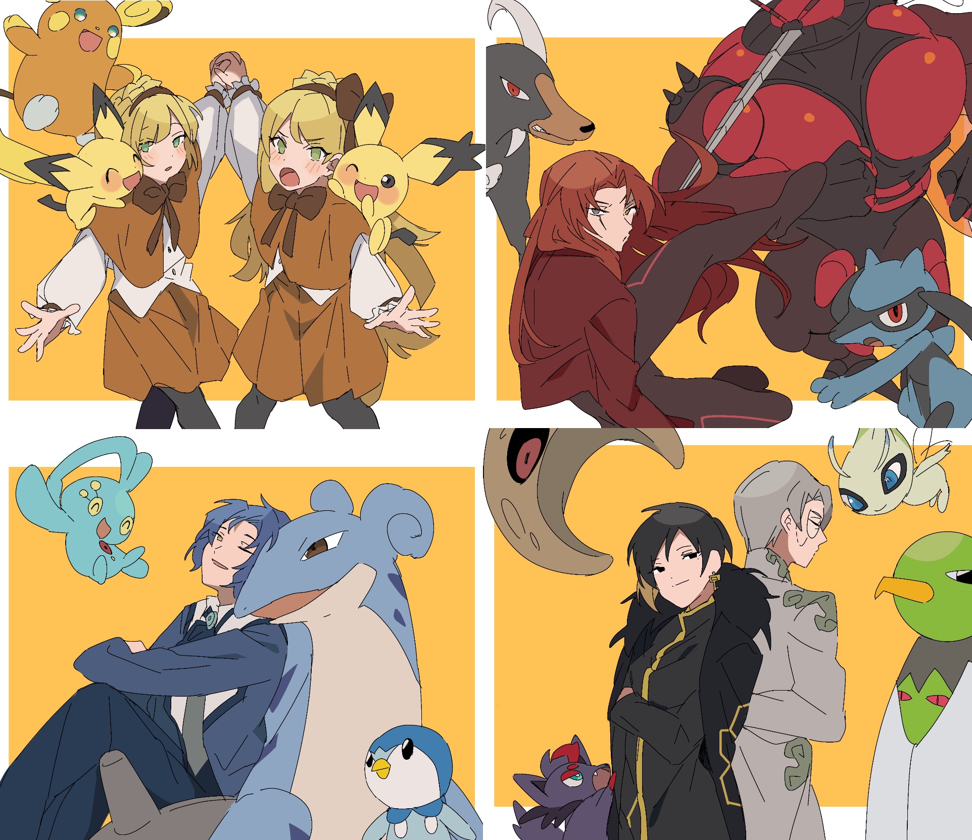 Safebooru - 3boys 3girls alolan raichu arm up black coat black dress ...