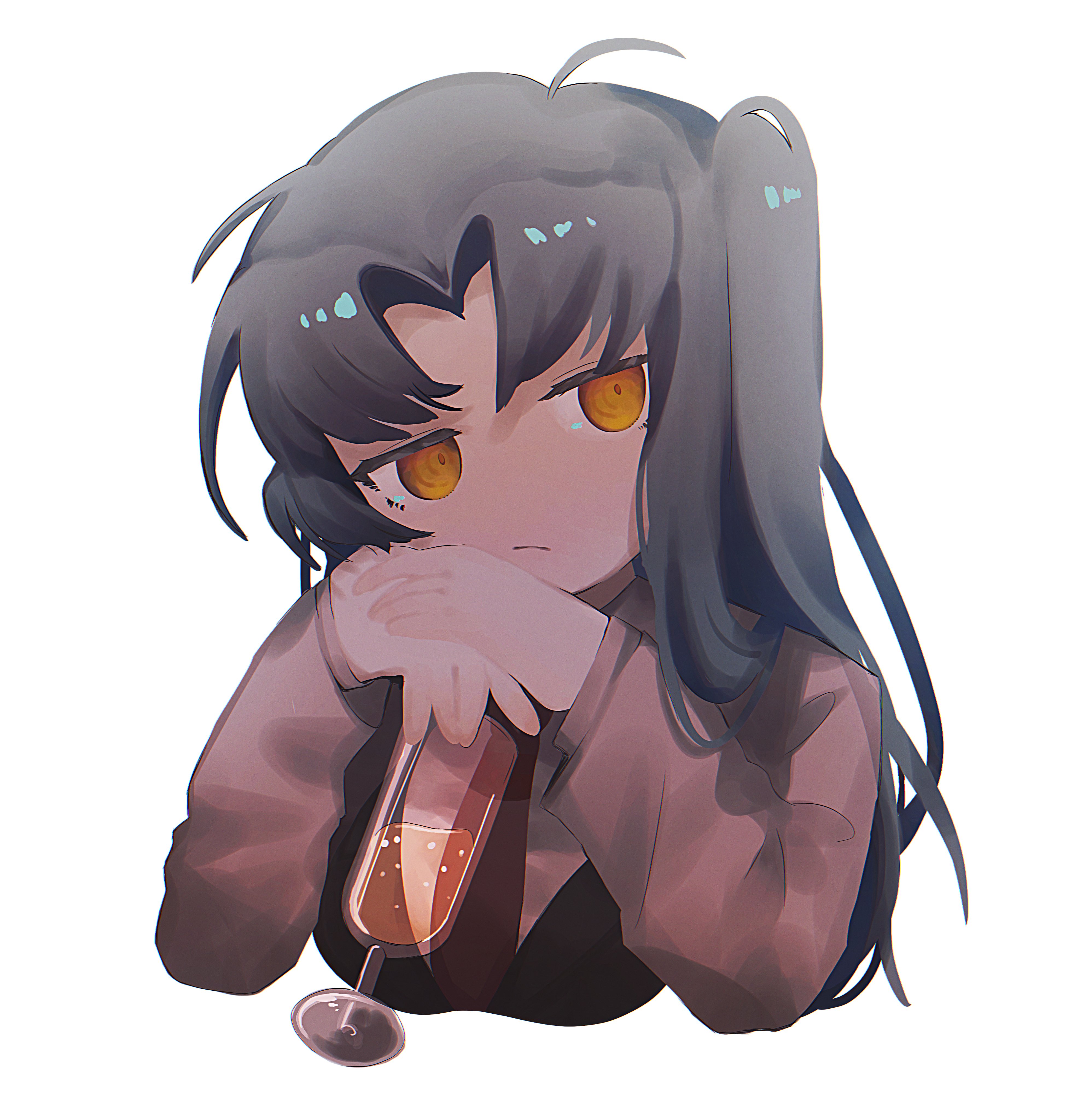 Safebooru - 1girl absurdres alcohol angela (project moon) black vest blue hair champagne ...