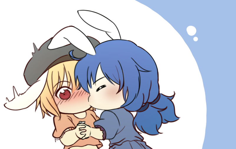 Safebooru - 2girls animal ears black headwear blonde hair bloomers blue background blue bloomers ...
