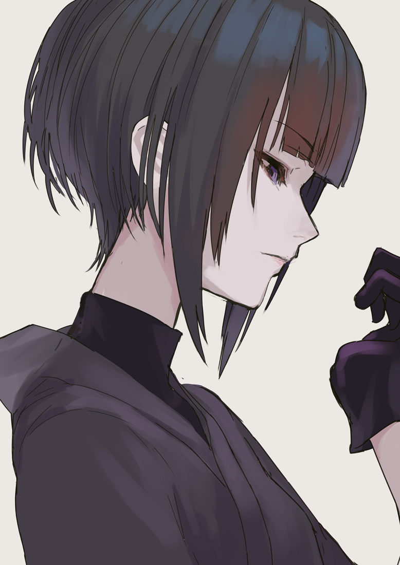 Safebooru - 1girl black gloves black hair black jacket black shirt blunt bangs bob cut closed ...