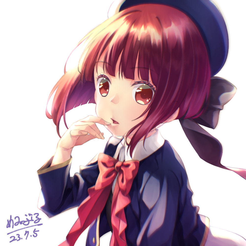 Safebooru - 1girl arima kana beret black sweater vest blue headwear blue vest bob cut finger to ...