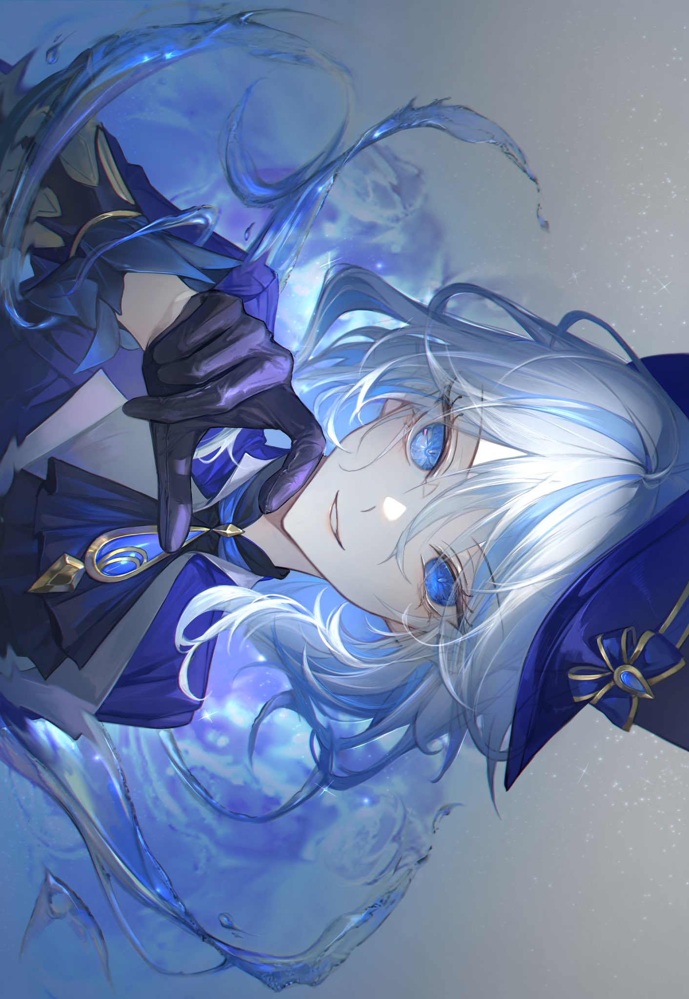 Safebooru - 1girl ascot black ascot black gloves blue eyes blue gemstone blue hair blue headwear ...