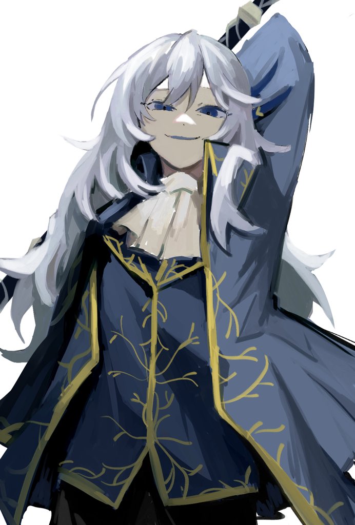 Safebooru - 1boy argalia (library of ruina) arm up ascot blue cape blue ...