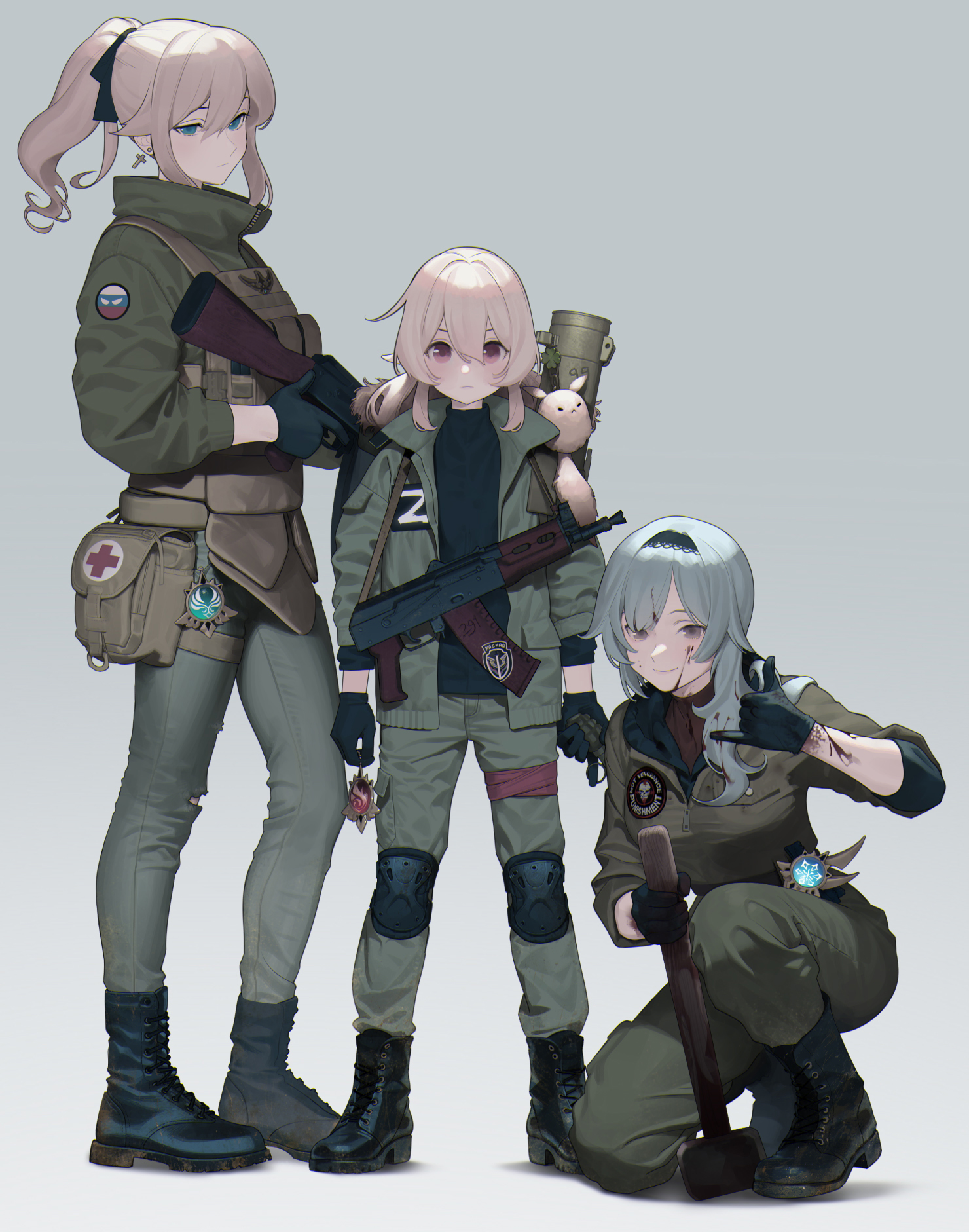 Safebooru - 3girls abbystea ak-74 aks-74 assault rifle black gloves black shirt blonde hair blue ...