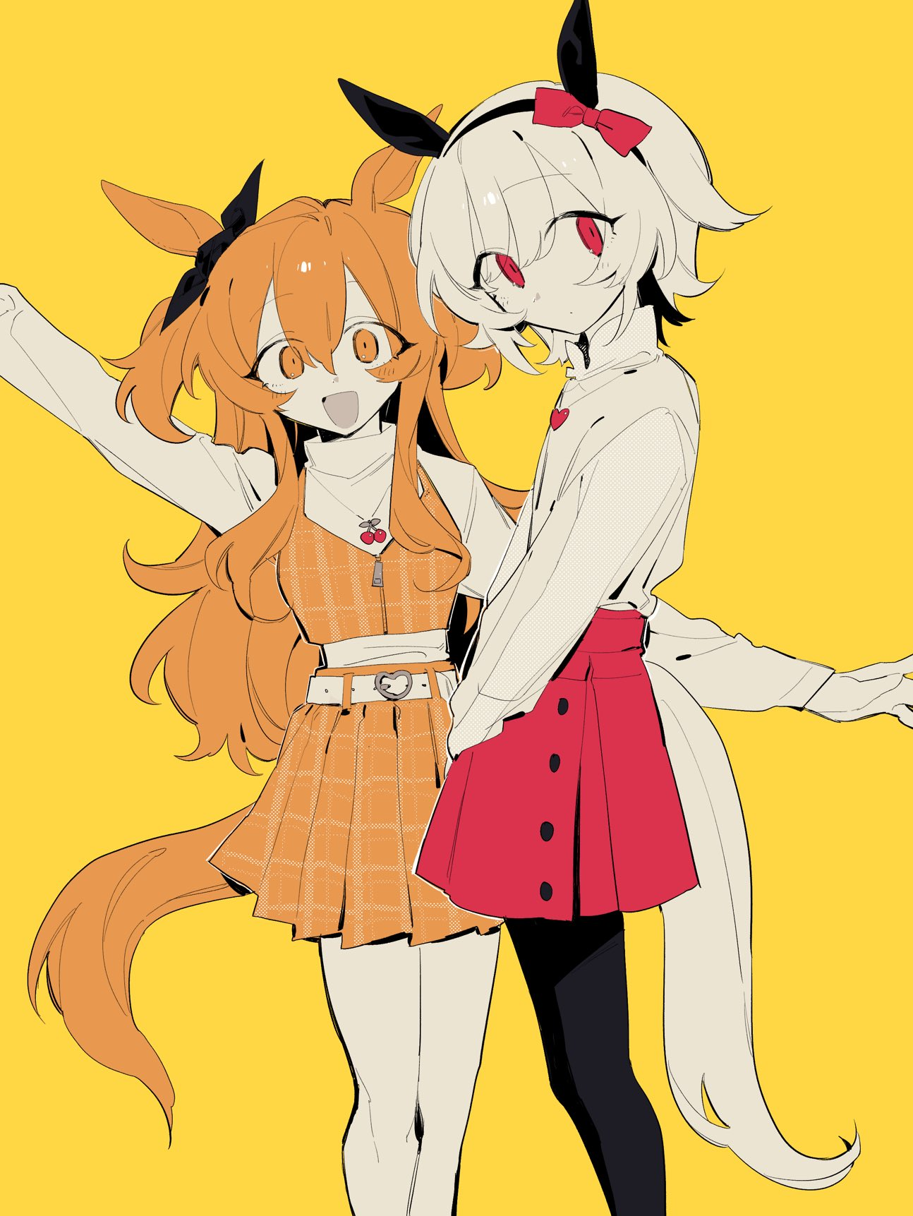 Safebooru - 2girls alternate costume animal ears arm up belt black bow black hairband black ...