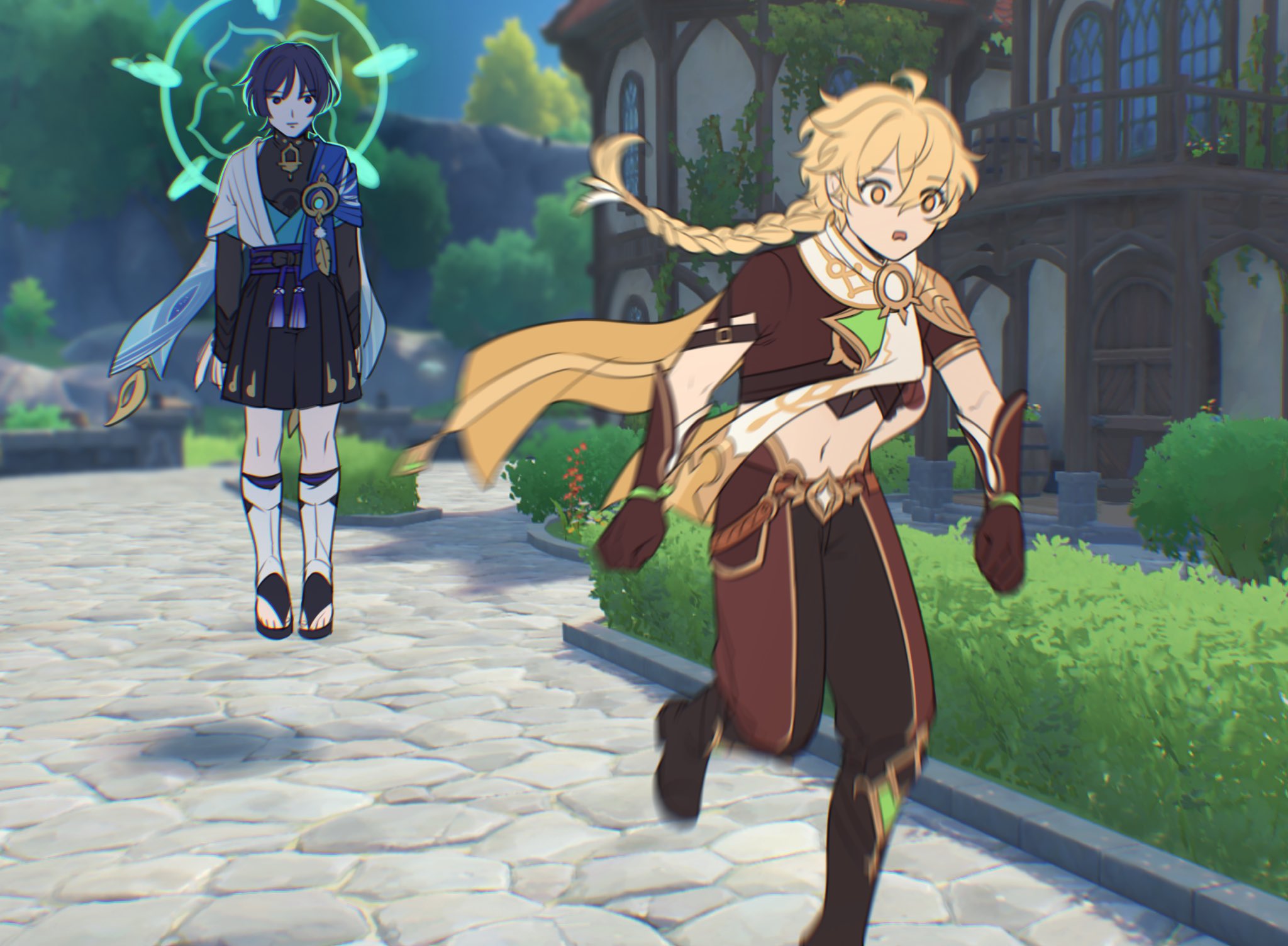 Safebooru - 2boys aether (genshin impact) ahoge arm armor armor baggy pants belt black belt ...