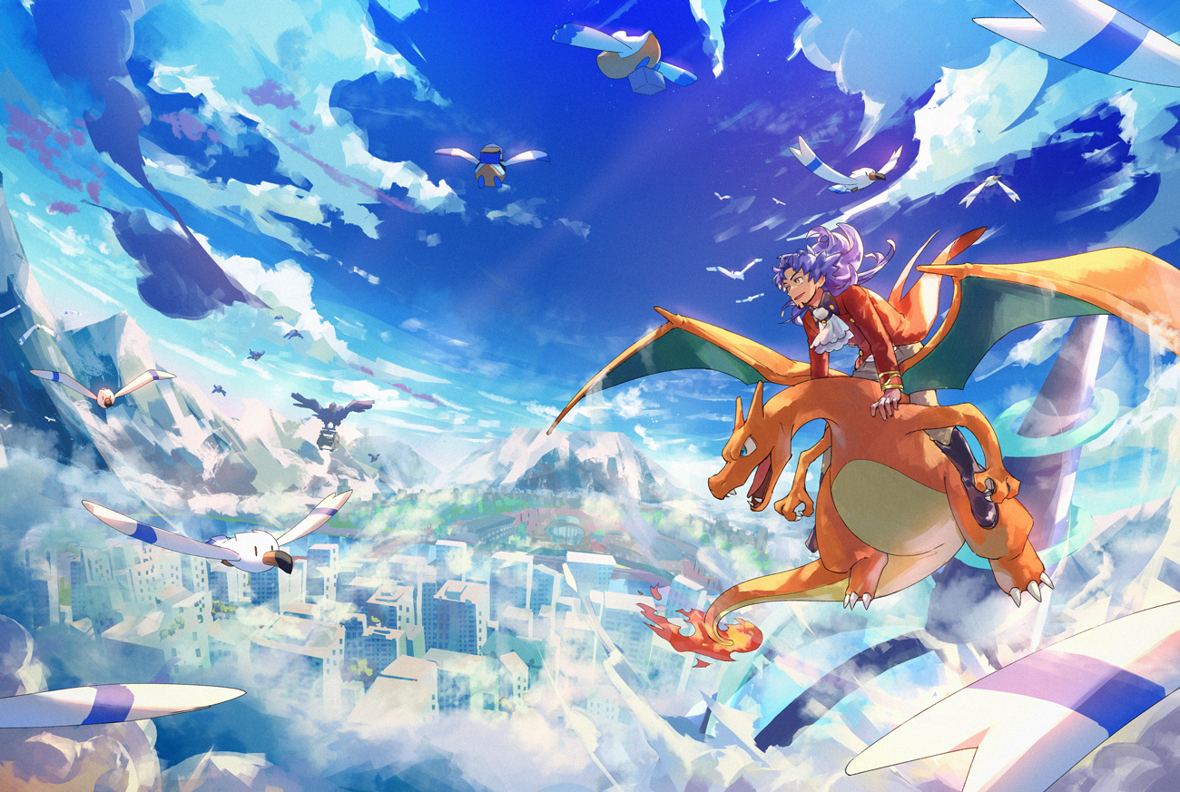 Safebooru - 1boy ascot black footwear boots building charizard clouds ...