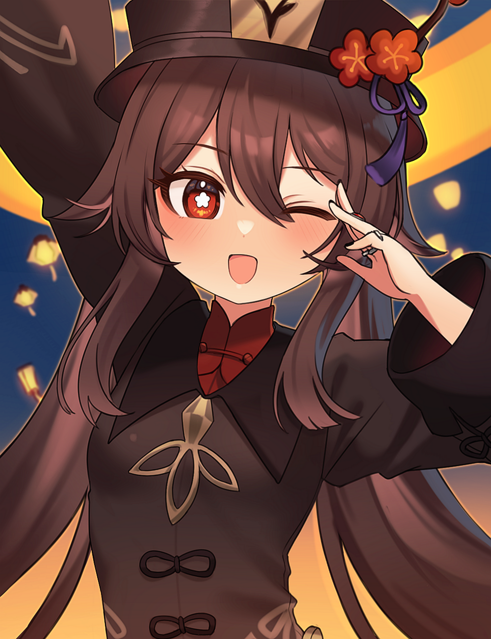 Safebooru - 1girl ;d arm up blue background blush bright pupils brown ...