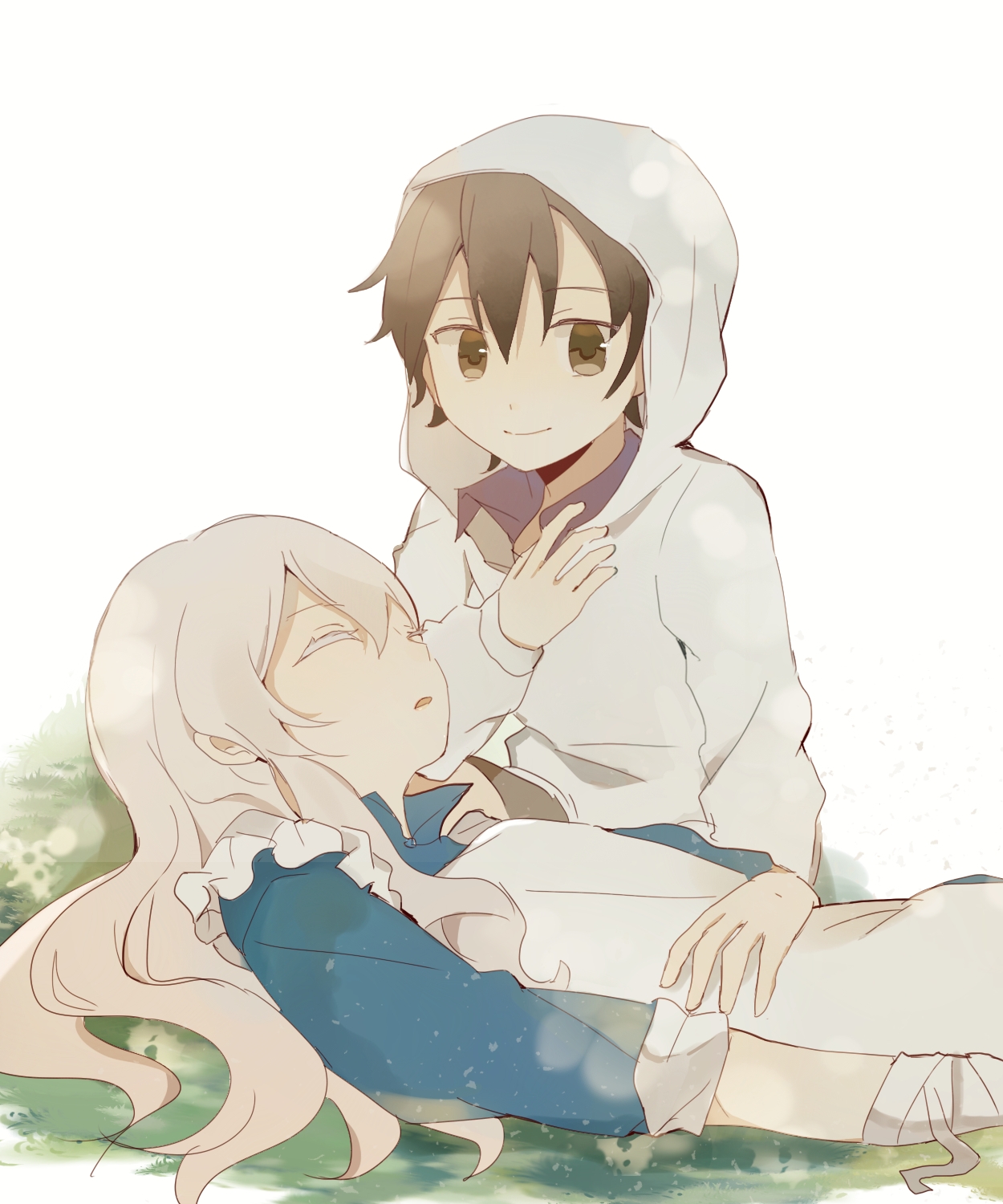 Safebooru - 1boy 1girl aged down apron bandaged arm bandages black hair blue dress brown eyes ...