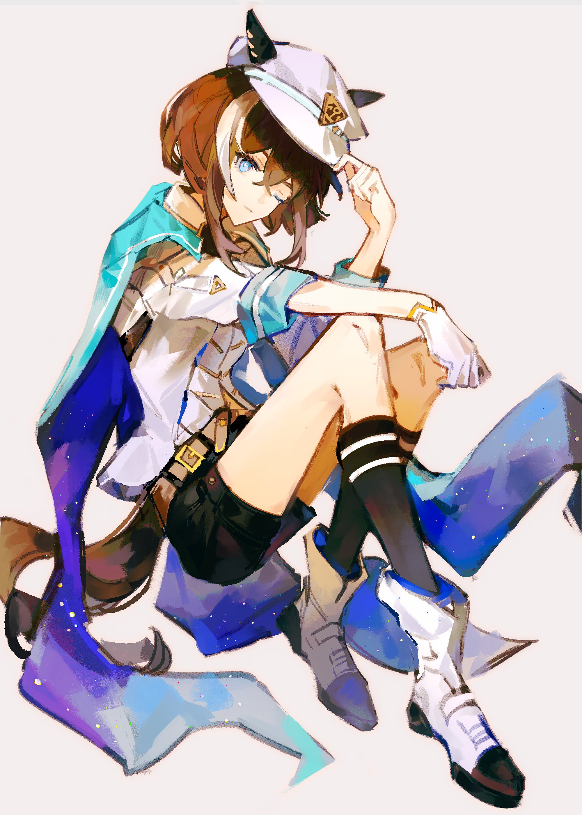 Safebooru - 1girl absurdres animal ears arm up black shorts black socks blue eyes boots brown ...