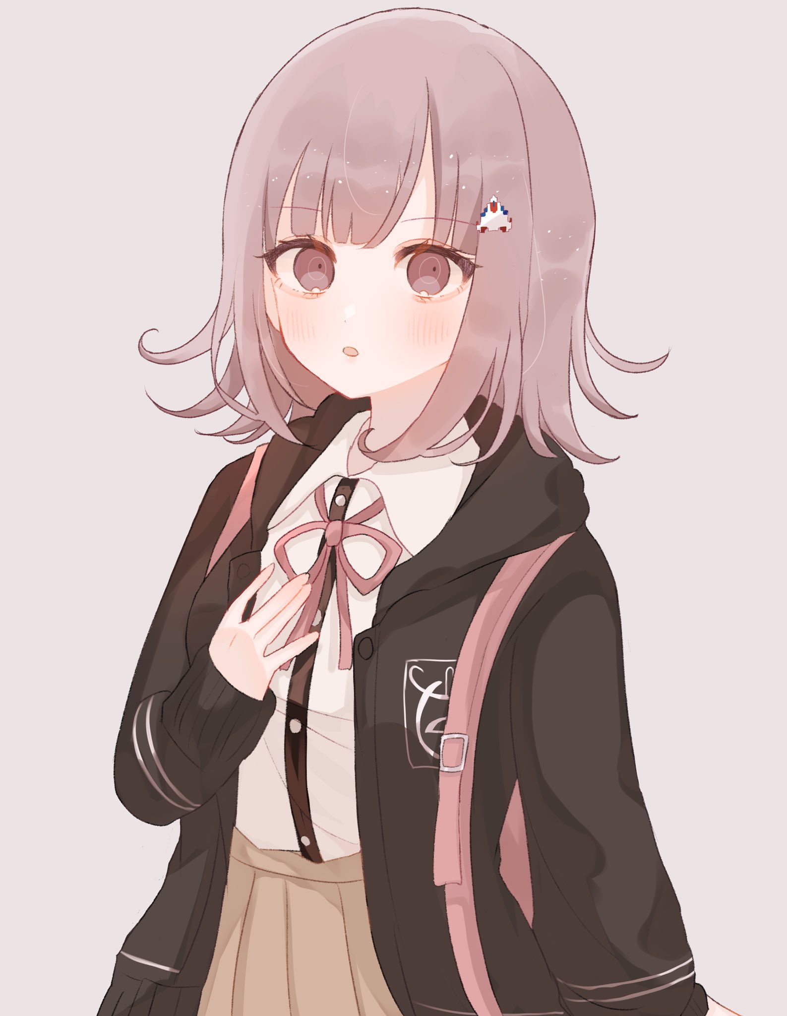 Safebooru - 1girl :o backpack bag black jacket black shirt blush brown skirt collared shirt ...