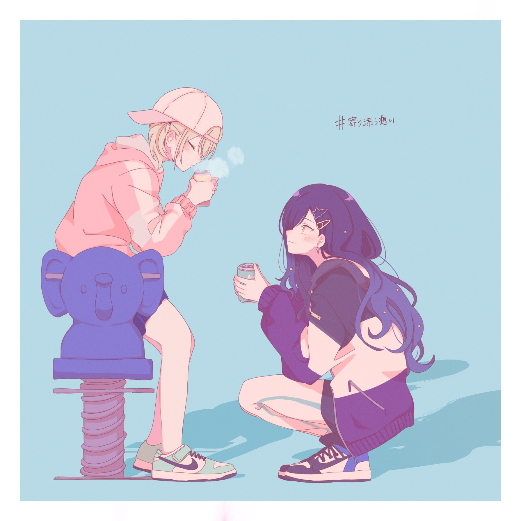 Safebooru - 2girls azusawa kohane backwards hat bangs pinned back baseball cap blue background ...