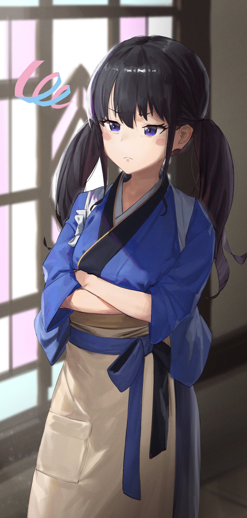 Safebooru - 1girl apron black hair blue eyes blue kimono blurry blurry background blush blush ...
