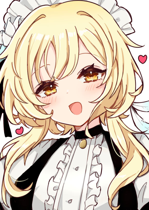 Safebooru - 1girl :d alternate costume black ribbon blonde hair blush frilled shirt frills ...