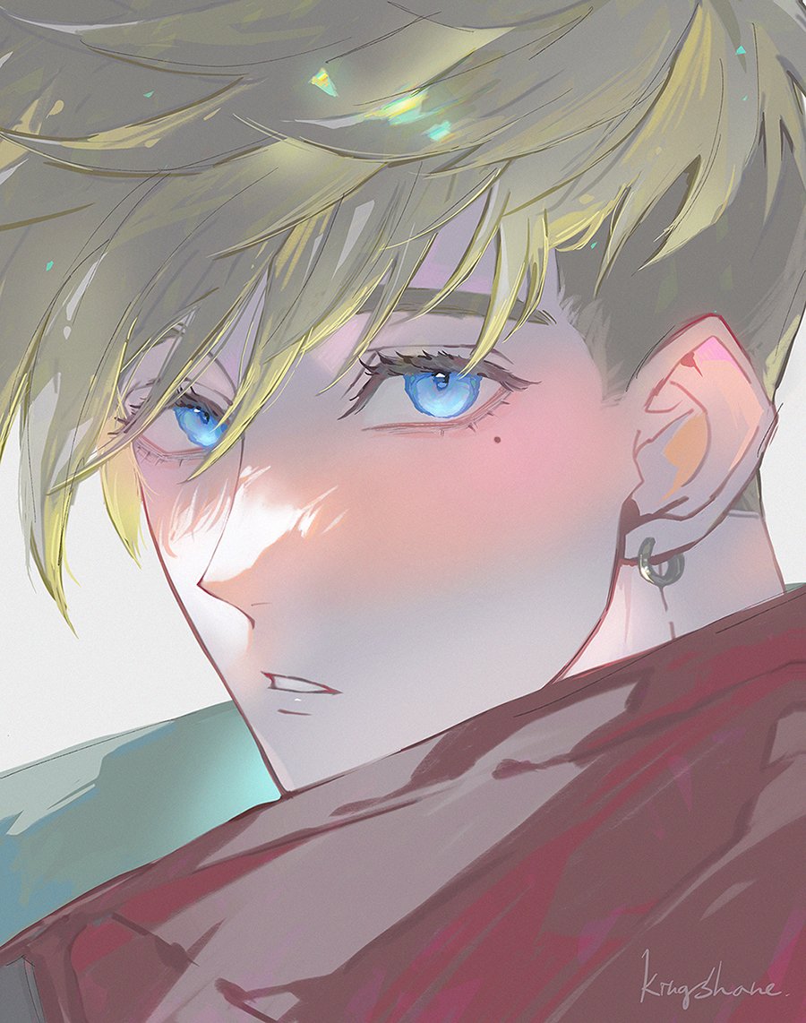 Safebooru - 1boy artist name black hair blonde hair blue eyes earrings jacket jewelry looking at ...