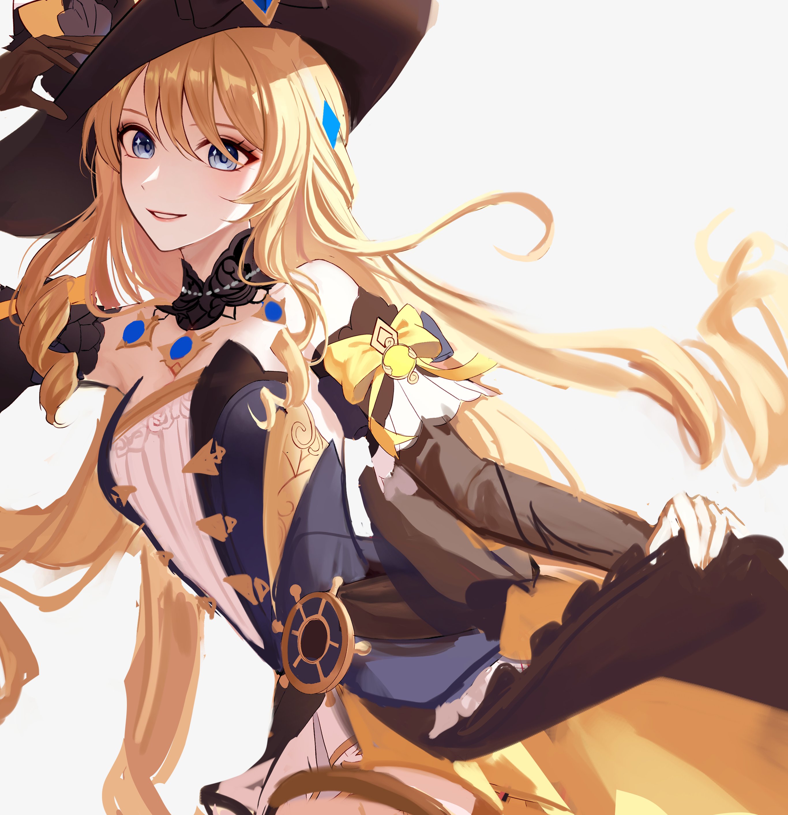 Safebooru - 1girl absurdres arm up bare shoulders black bow black headwear blonde hair blue ...