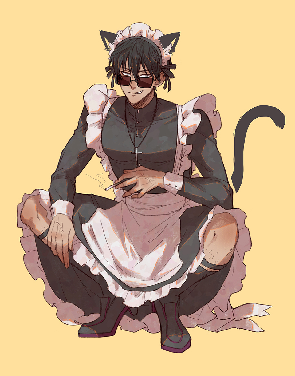 Safebooru - 1boy animal ears apron black dress black footwear black hair black socks cat boy cat ...