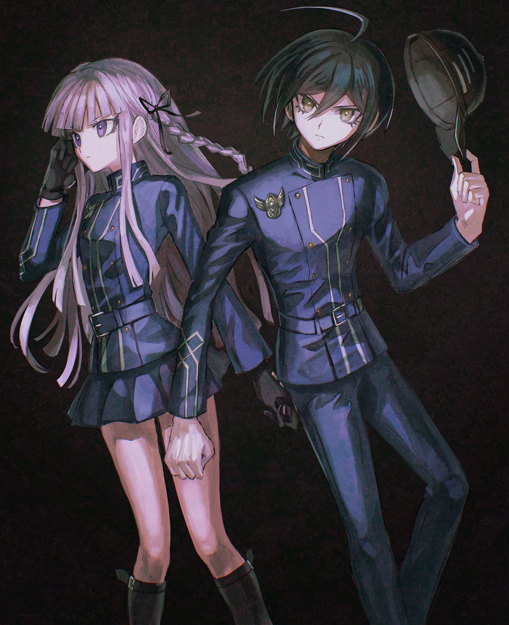 Safebooru - 1boy 1girl ahoge alternate costume belt black background black gloves black hair ...