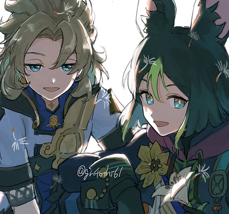 Safebooru - 2boys :d albedo (genshin impact) animal ear fluff animal ears aqua eyes artist name ...