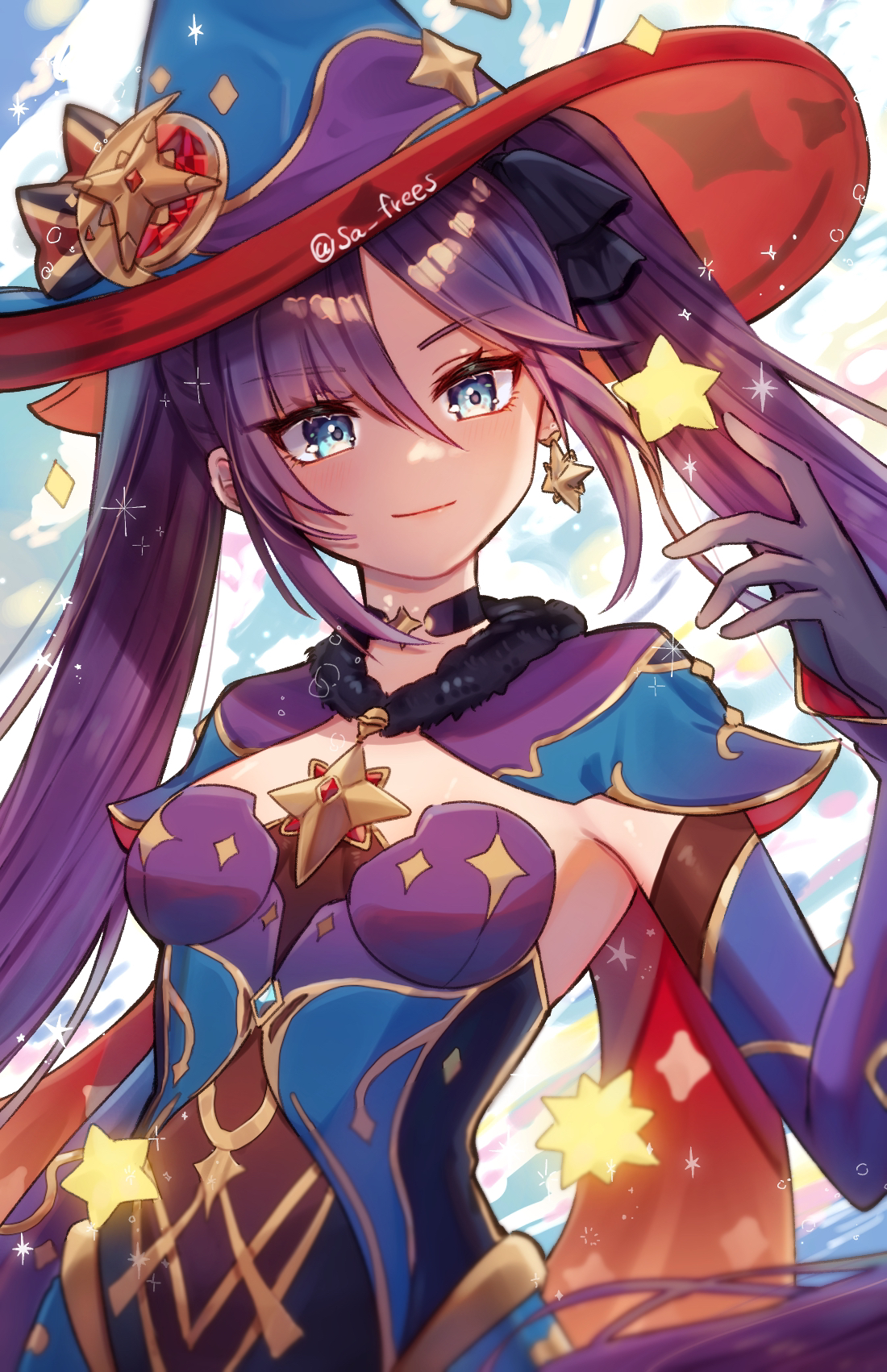 Safebooru - 1girl asymmetrical bangs black gloves black hair blue capelet blue headwear blue ...