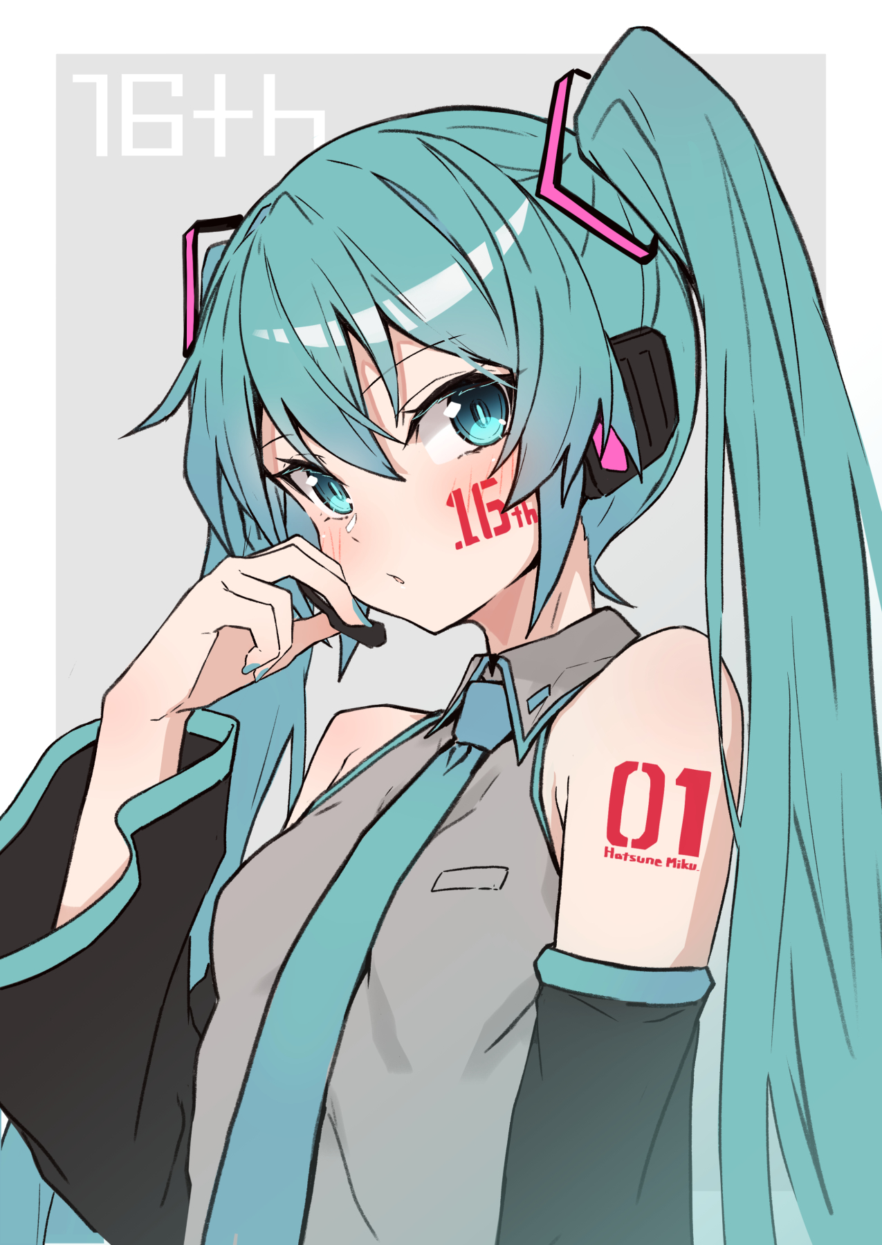 Safebooru - 1girl aqua eyes aqua hair aqua necktie black sleeves blush closed mouth detached ...