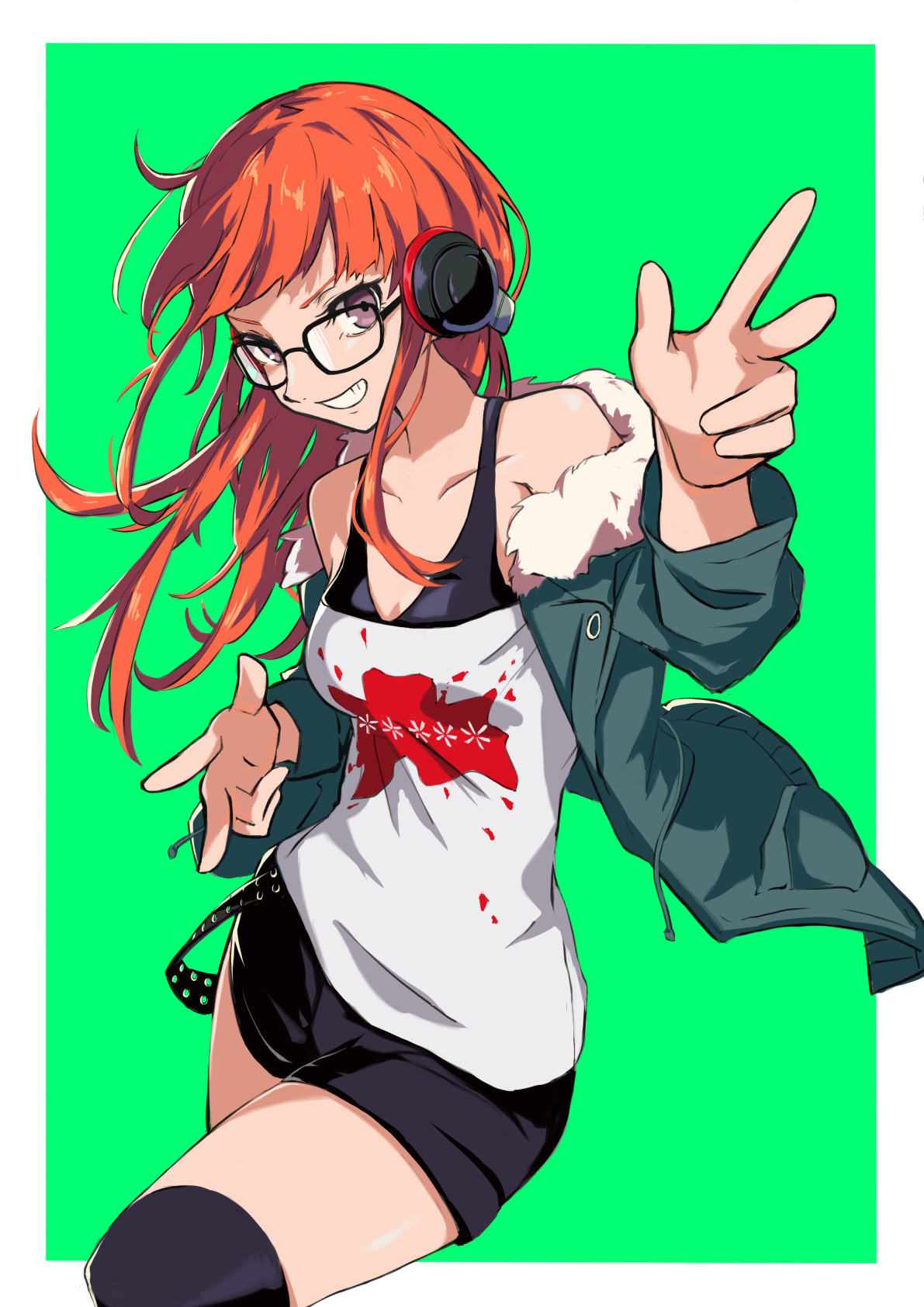 Safebooru - 1girl behind-the-head headphones black shorts black tank top black thighhighs border ...