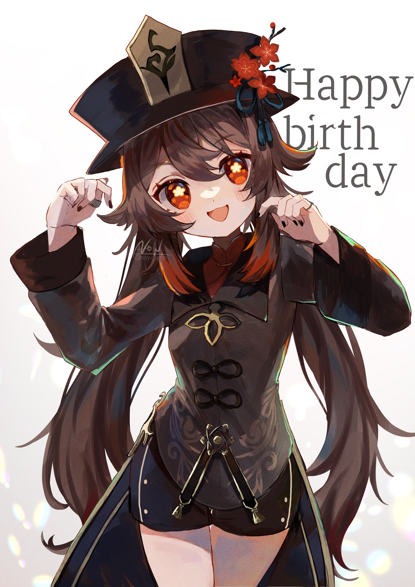 Safebooru - 1girl :d black headwear black nails blush boo tao (genshin impact) brown coat brown ...