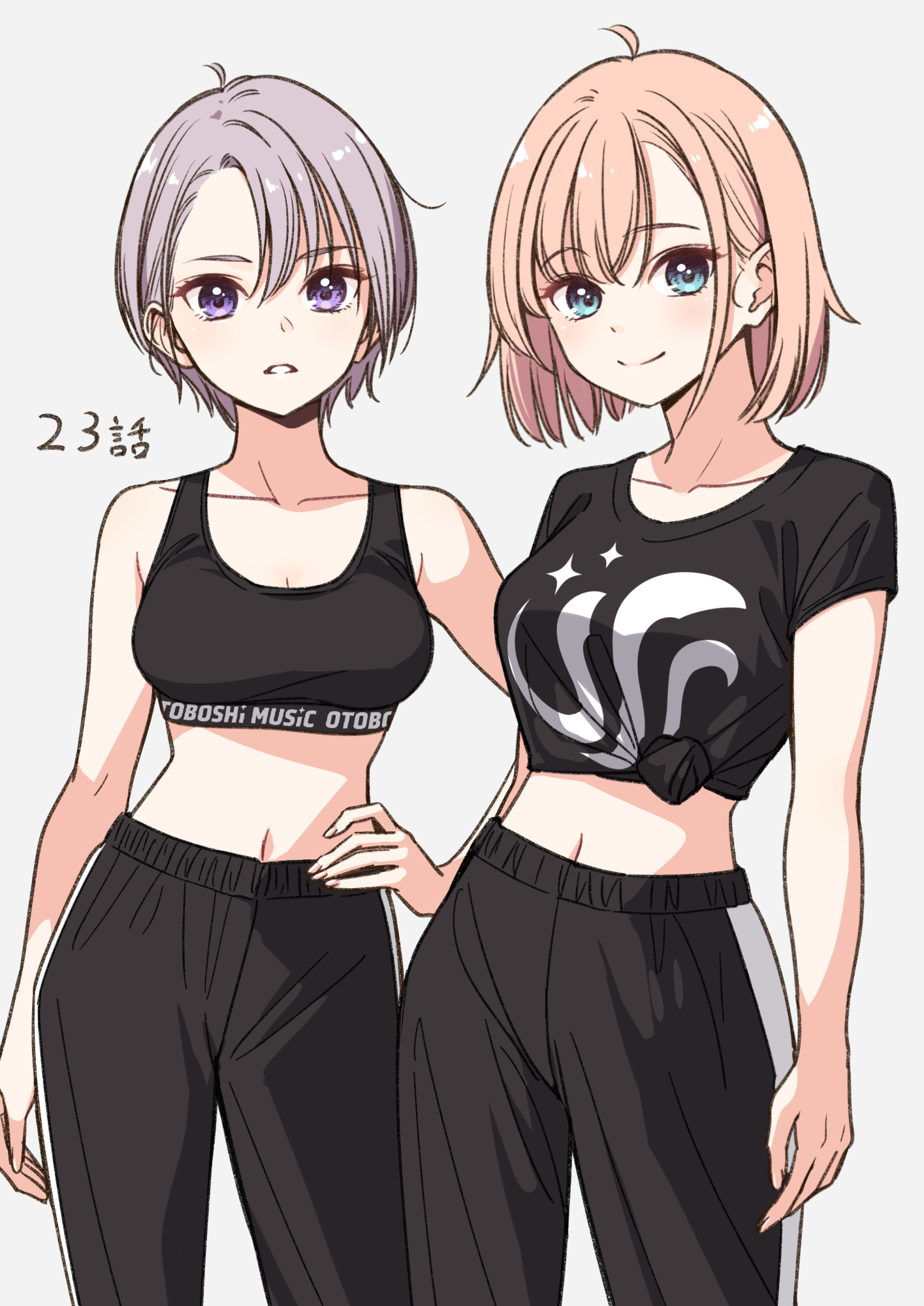 Safebooru - 2girls black pants blonde hair blue eyes bob cut commentary request highres hitoto ...