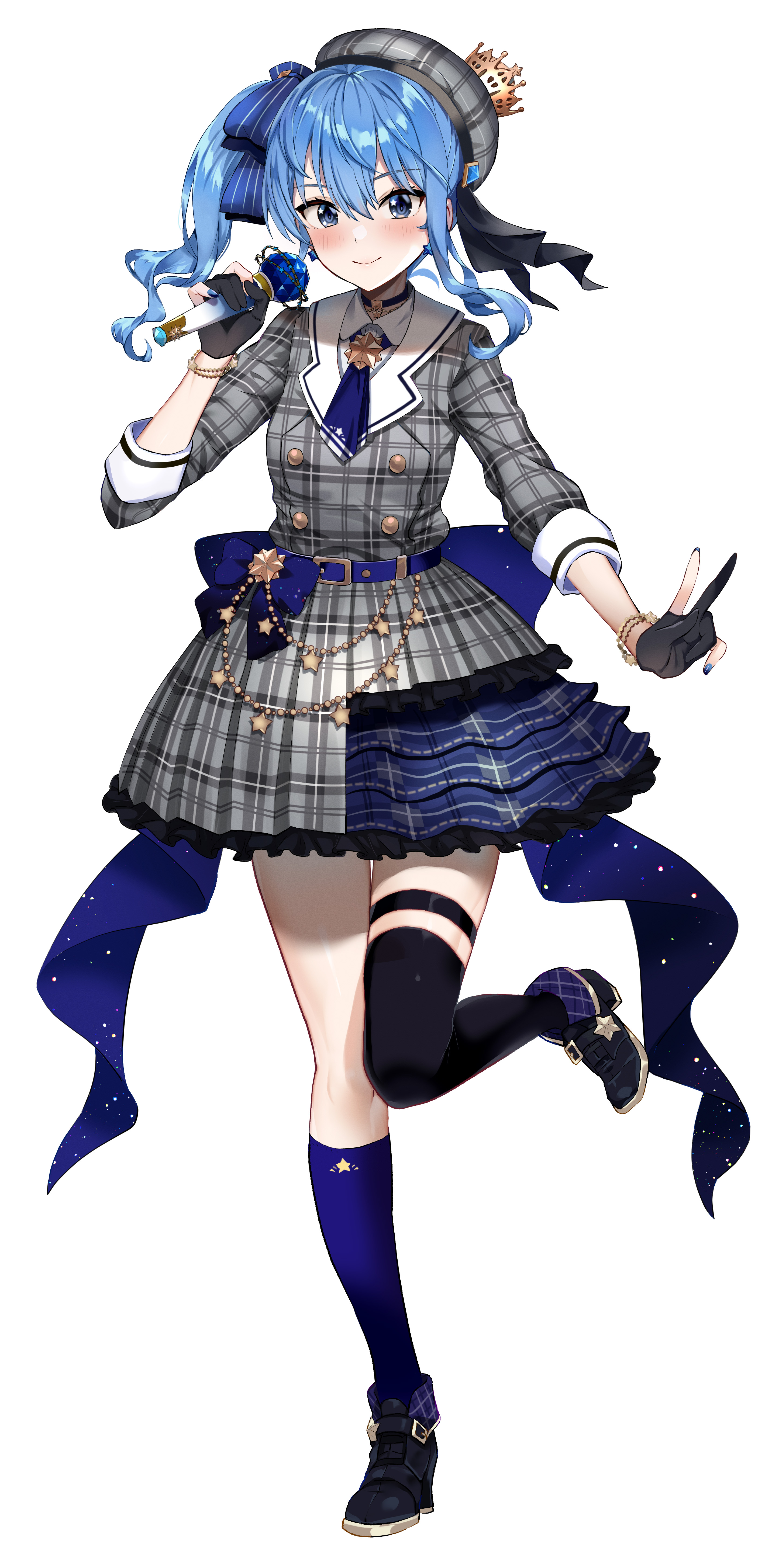 Safebooru - 1girl absurdres ascot asymmetrical legwear belt beret black gloves blue ascot blue ...