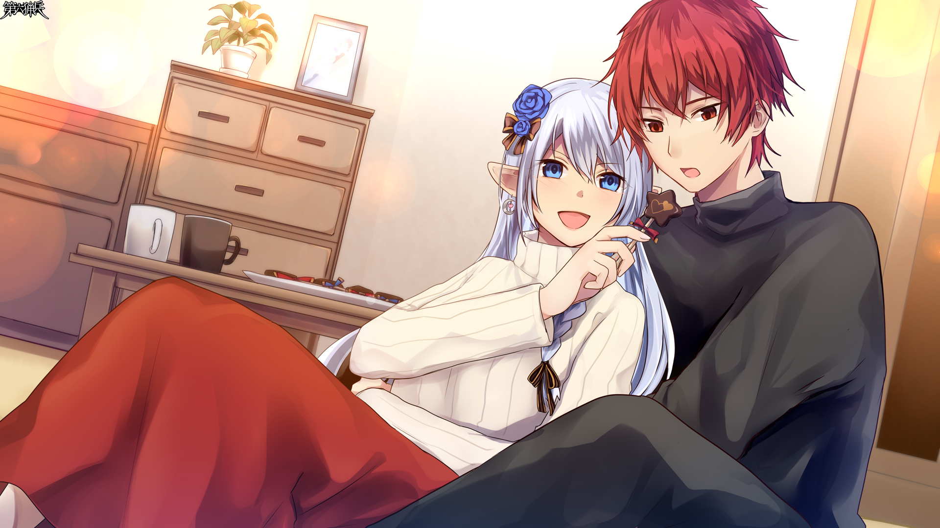 Safebooru - 1boy 1girl :d :o anri mike black pants black shirt blue eyes bow braid brown bow ...