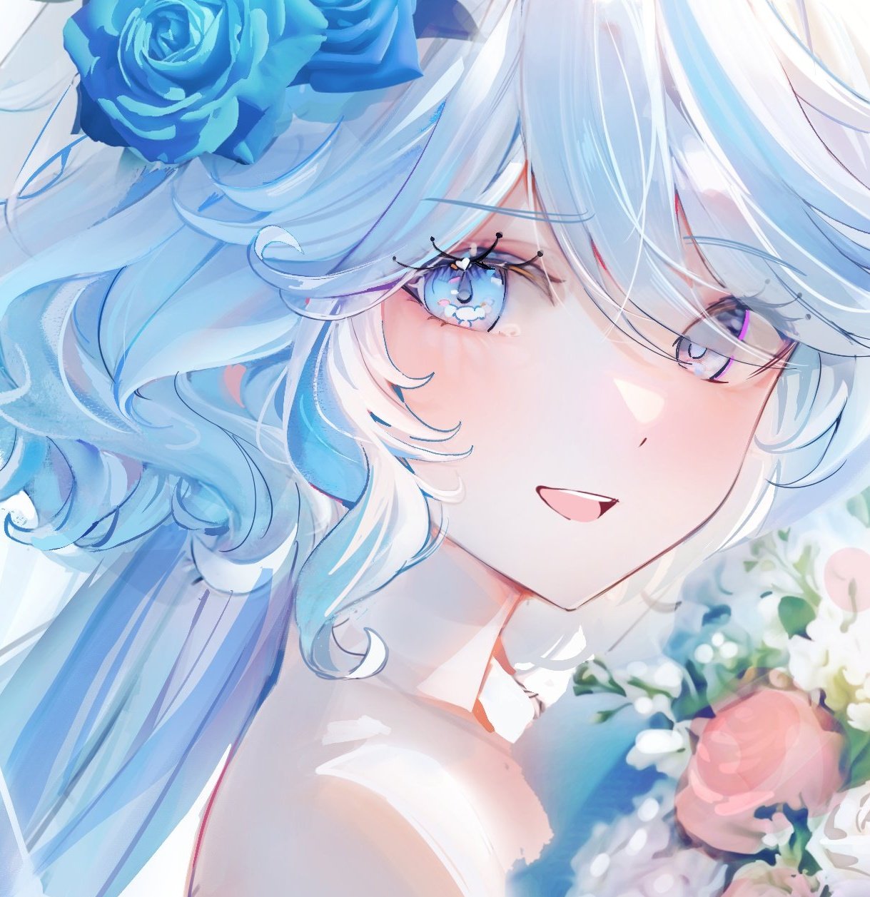 Safebooru - 1girl blue eyes blue flower blue hair blush bouquet dasha flower furina (genshin ...