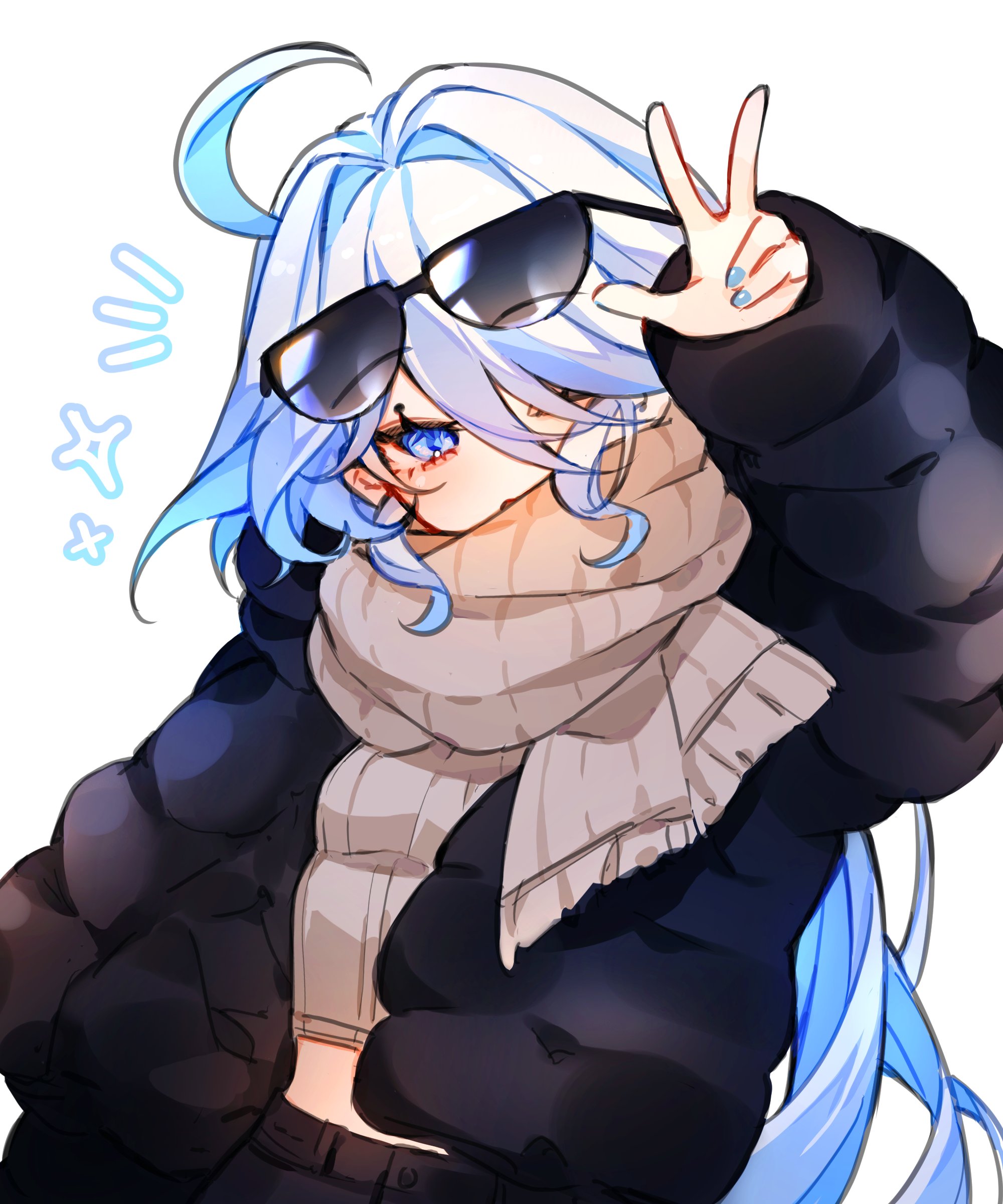 Safebooru - 1girl absurdres ahoge alternate costume blue eyes blue hair bomber jacket drop ...