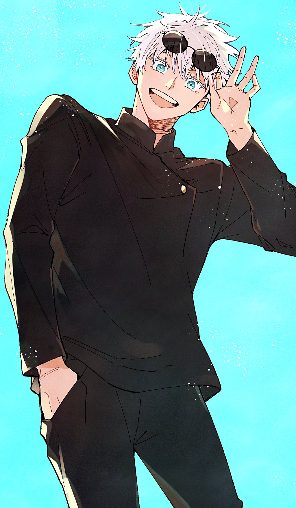 Safebooru - 1boy black jacket black pants blue background blue eyes ...