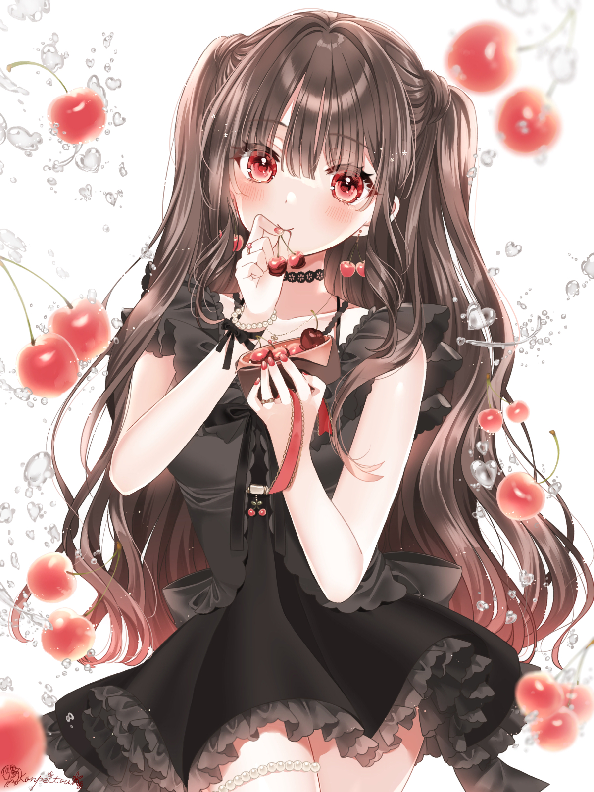 Safebooru - 1girl blush bracelet brown hair cherry cherry earrings choker cowboy shot dress ...