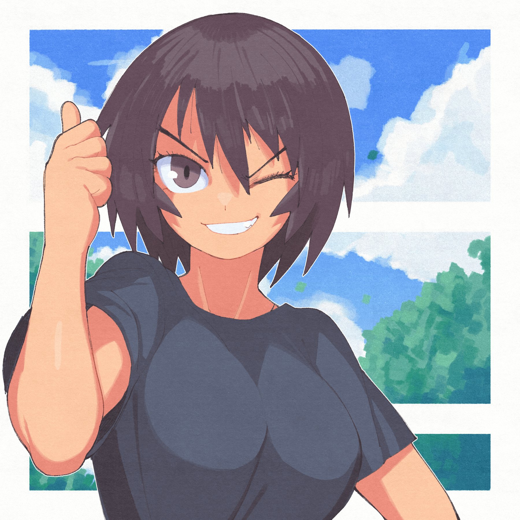 Safebooru - 1girl alternate costume arm up azumanga daioh black shirt bob cut breasts brown hair ...