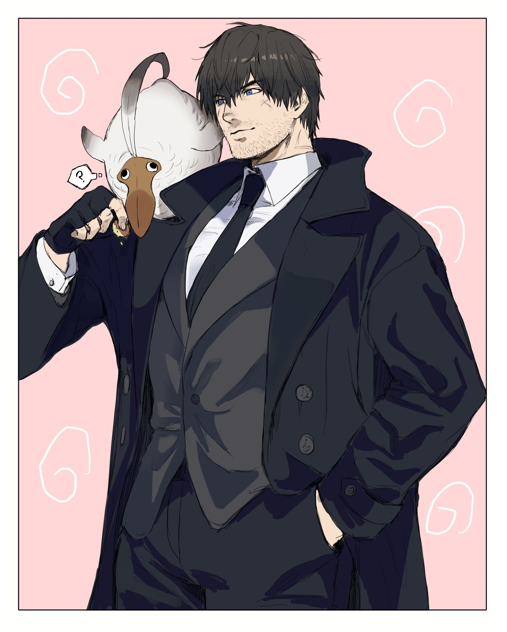 Safebooru - 1boy ? adventurer (ff14) animal animal on shoulder animal request black coat black ...