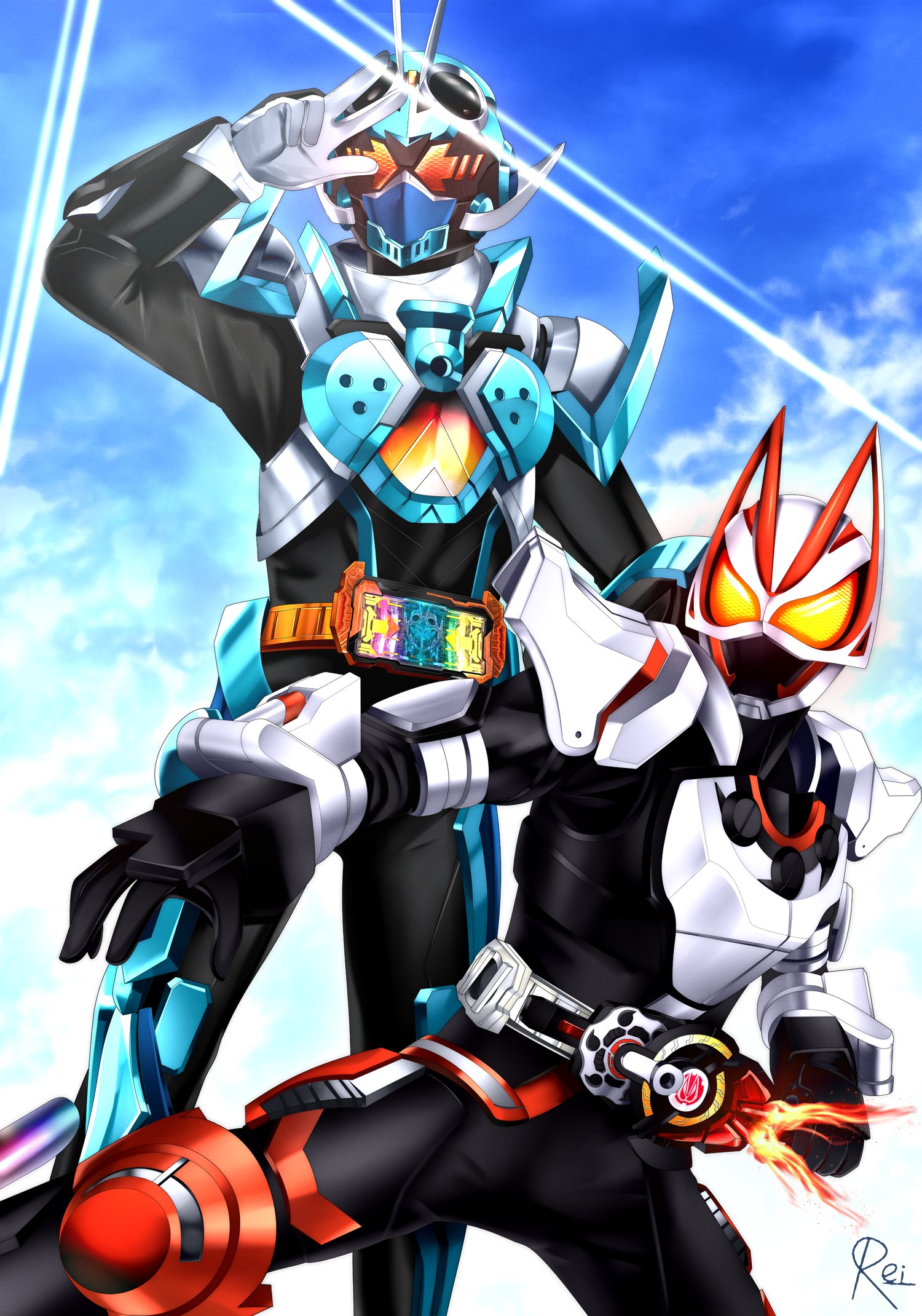 Safebooru - 2boys adjusting eyewear arm up armor armored boots black ...