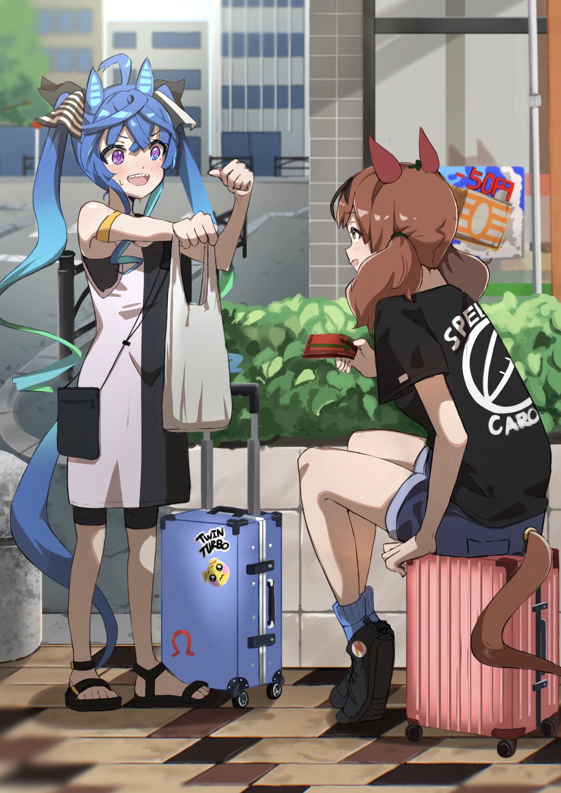 Safebooru - 2girls alternate costume animal ears bare shoulders bike shorts black footwear black ...