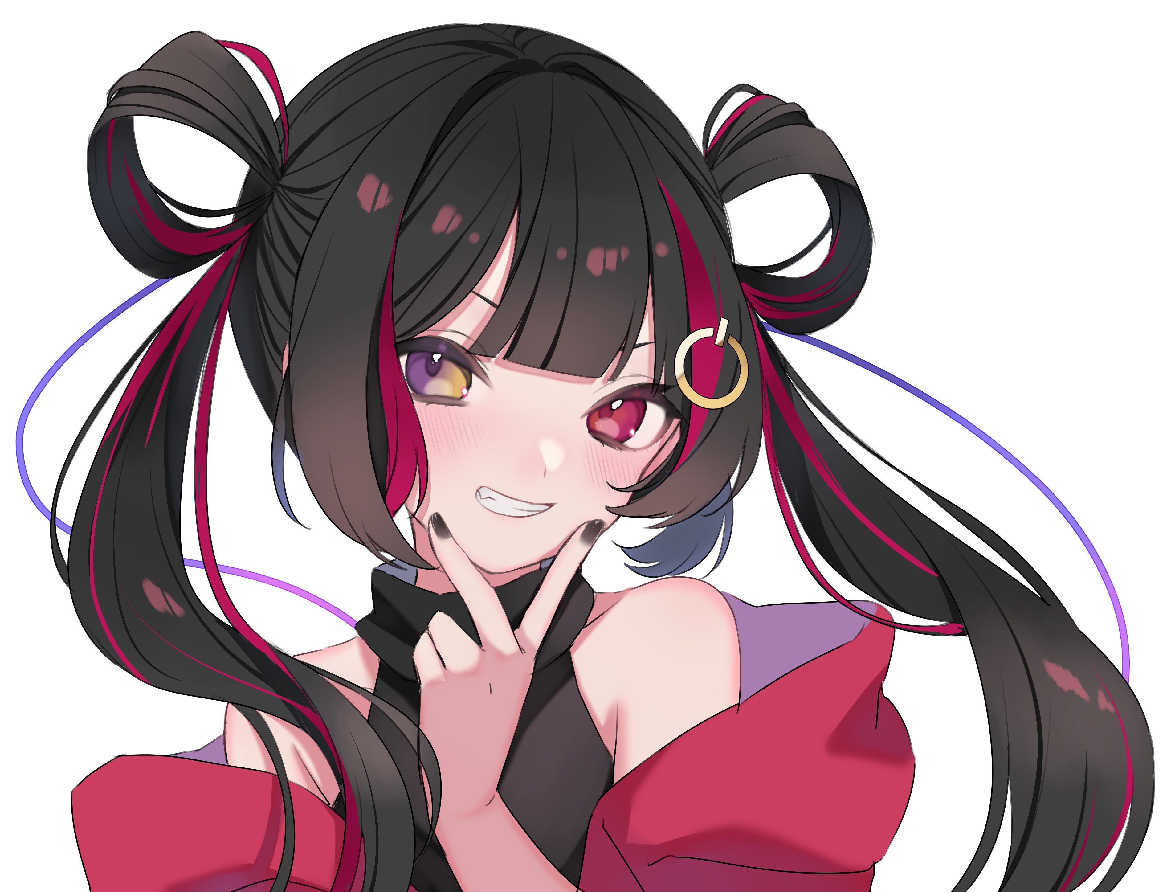 Safebooru - 1girl absurdres black hair black jacket black nails grin ...