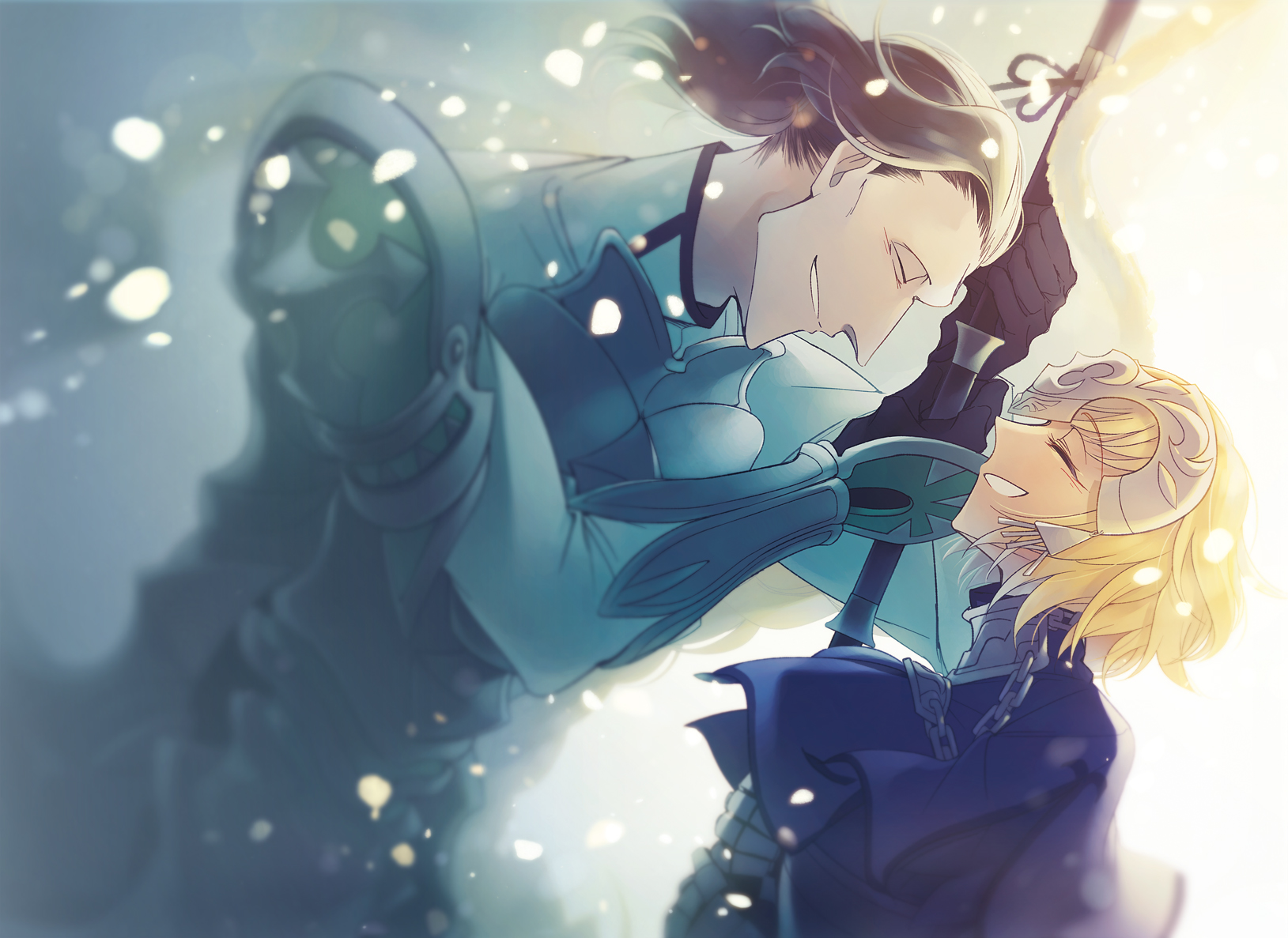 Safebooru - 1boy 1girl 2gno082 armor banner black hair blonde hair breastplate closed eyes fate ...