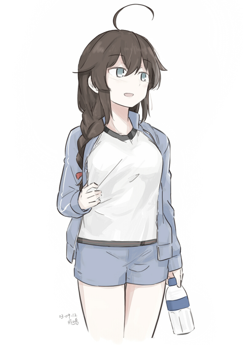 Safebooru - 1girl ahoge black hair blue eyes blue jacket blue shorts bottle braid cowboy shot ...