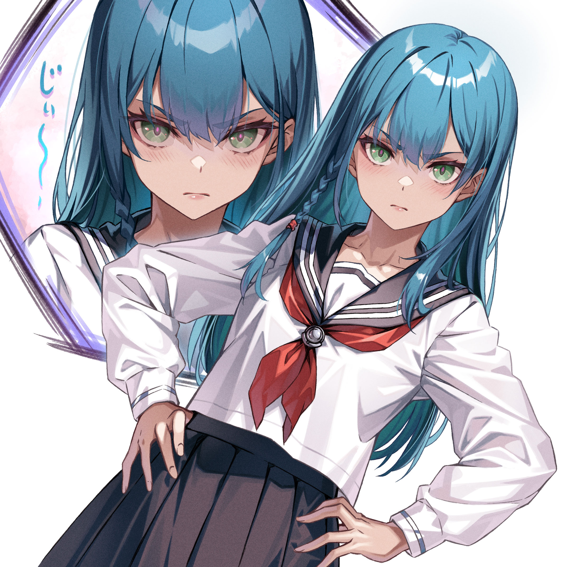 Safebooru - 1girl black sailor collar black skirt blue hair braid collarbone dutch angle frown ...